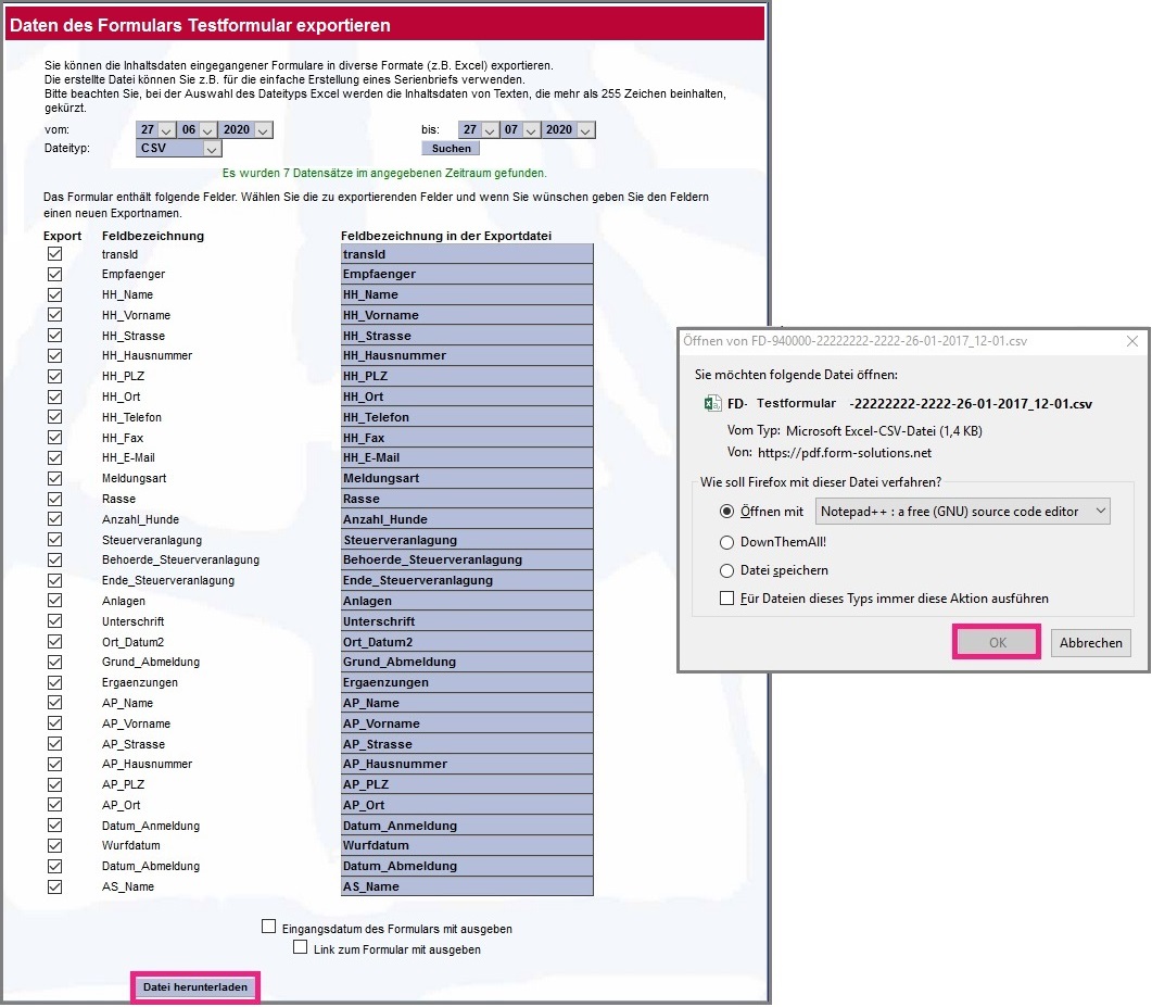 PDF-Formulare - Inhaltsdaten exportieren